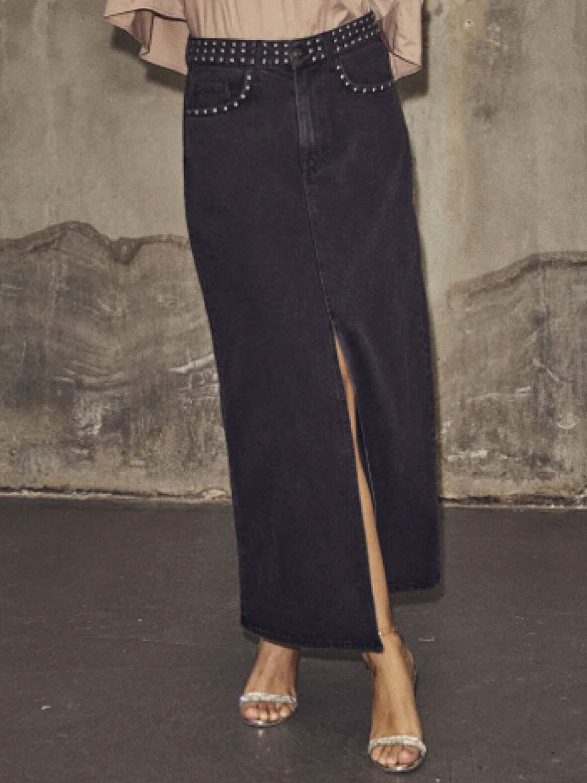 A'POKE - CoCouture VikaCC Denim Stud Slit Skirt Black A'POKE - CoCouture VikaCC Denim Stud Slit Skirt Black